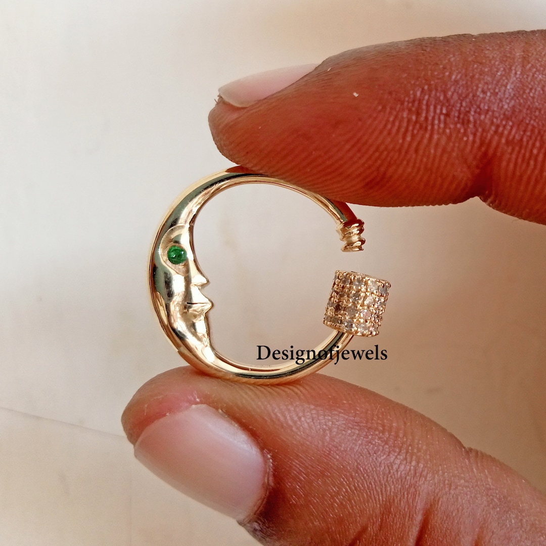 14K Yellow Gold Moon Lock, Natural Pave Diamond Moon Connector ...