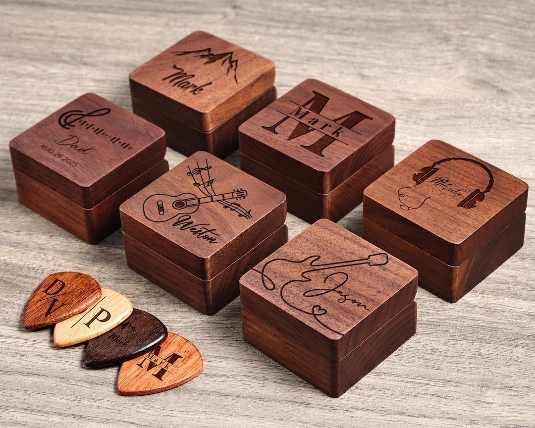 Custom Wooden Guitar Picks and Holder Case, Personalized Plectrum Box ...