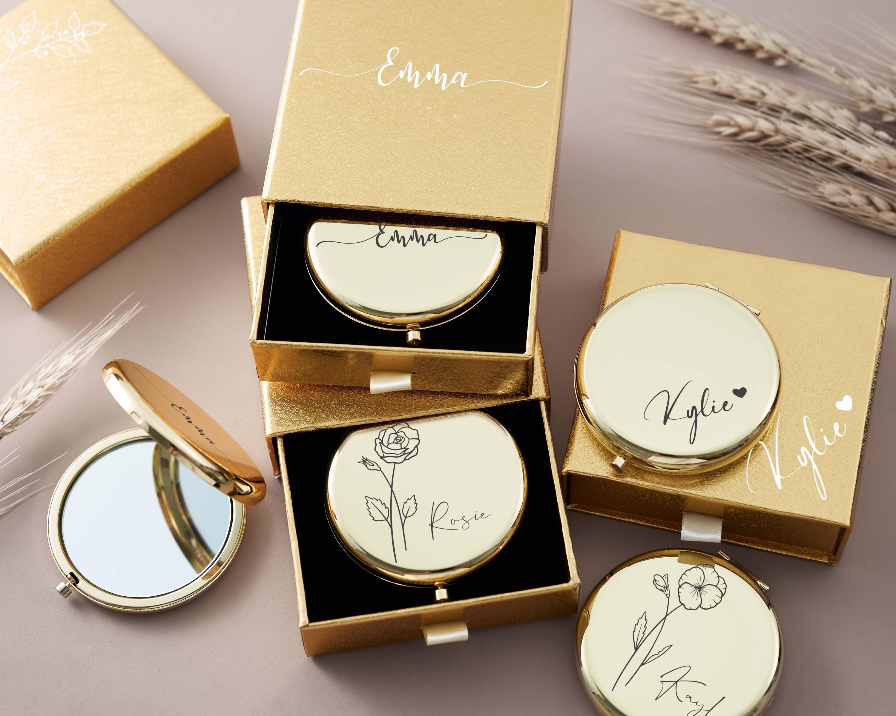 Personalized Compact Mirror - Engraved Flower Design, Bridesmaid Gift ...