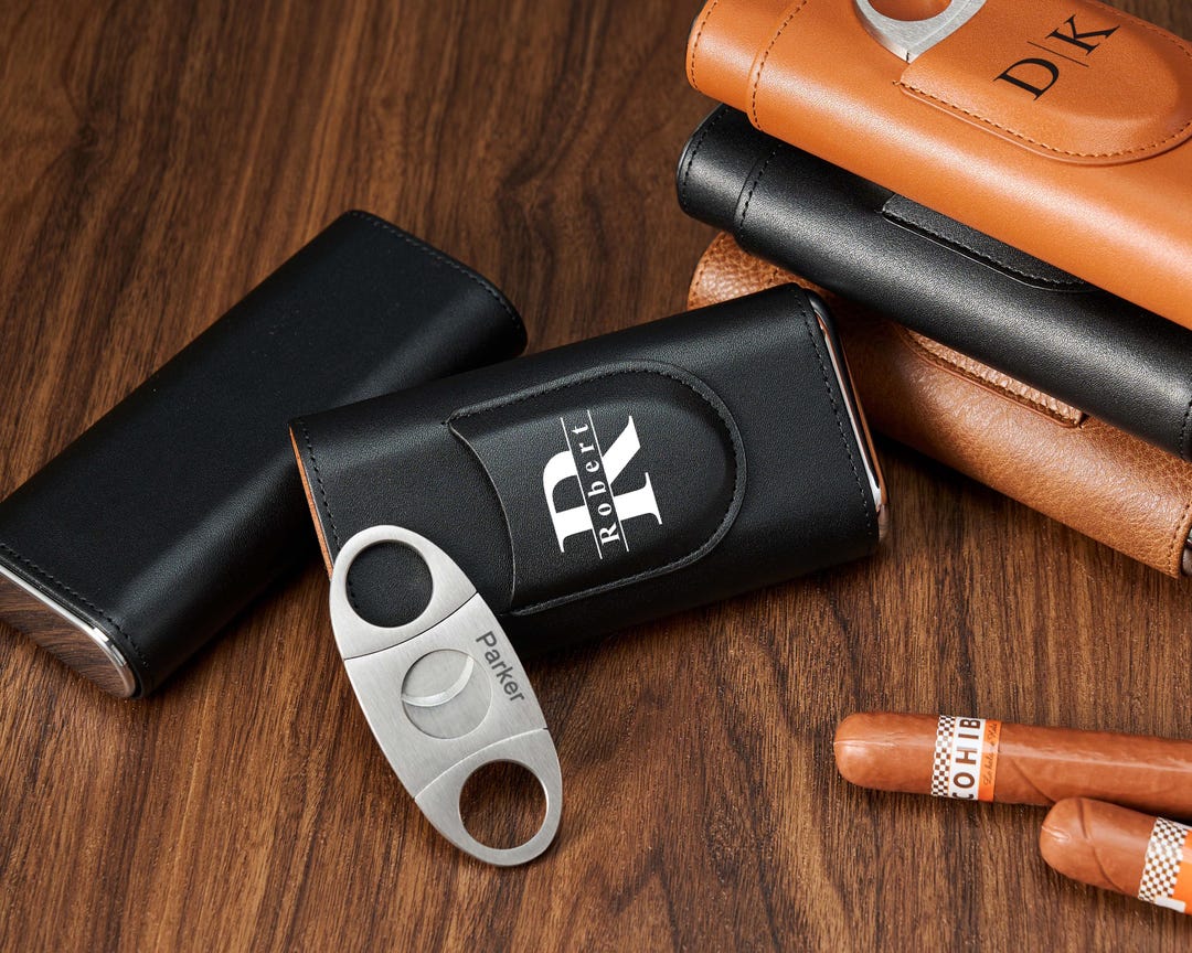 Monogrammed Leather Cigar Case With Cutter, Personalized Cigar Box Gift ...