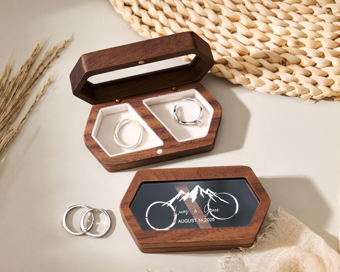 Personalized Wooden Wedding Ring Case, Custom Engraved Double Slot Ring ...