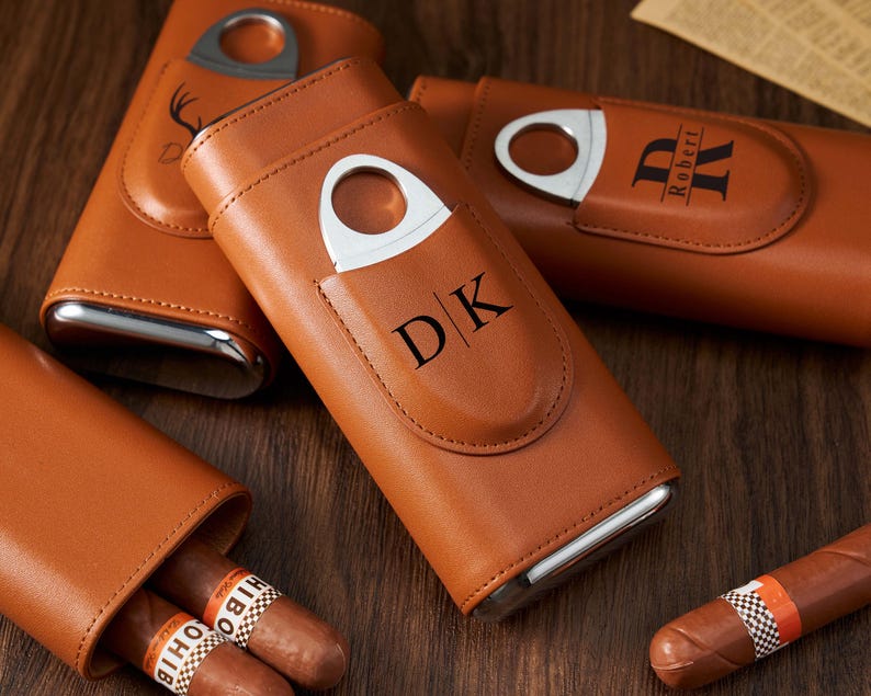 Engraved Leather Cigar Case With Cutter, Custom Groomsmen Gift, Travel ...