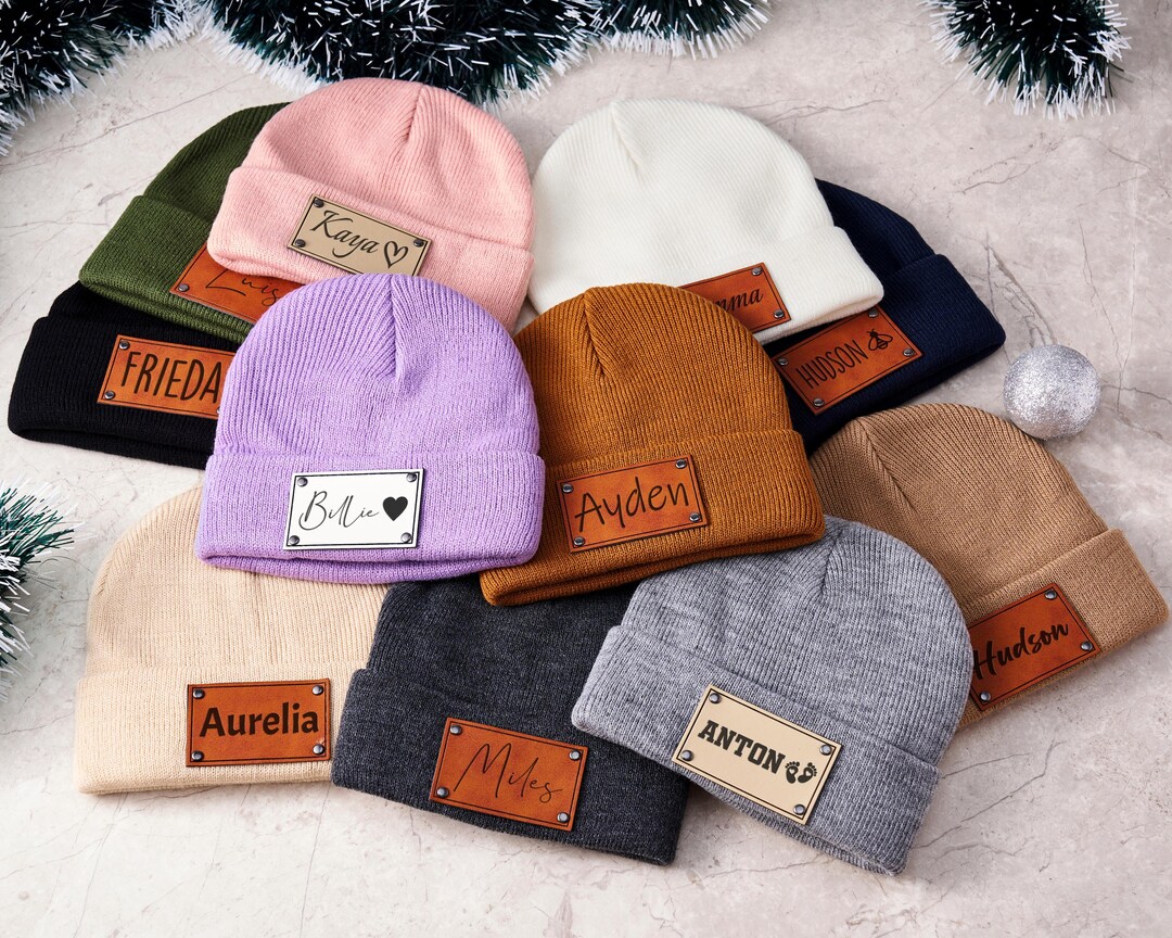 Handmade Knit Baby Hat, Personalized Infant Beanie With Leather Name ...