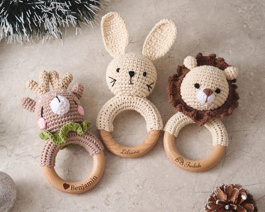 Custom Crochet Baby Rattle With Wooden Teether, Engraved Ring for ...