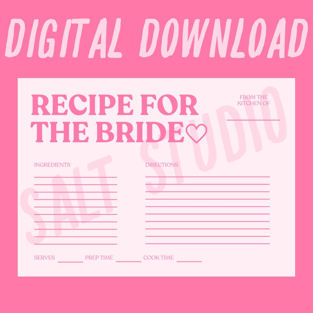 Recipe for the Bride Card DIGITAL DOWNLOAD Pink Bridal Shower ...