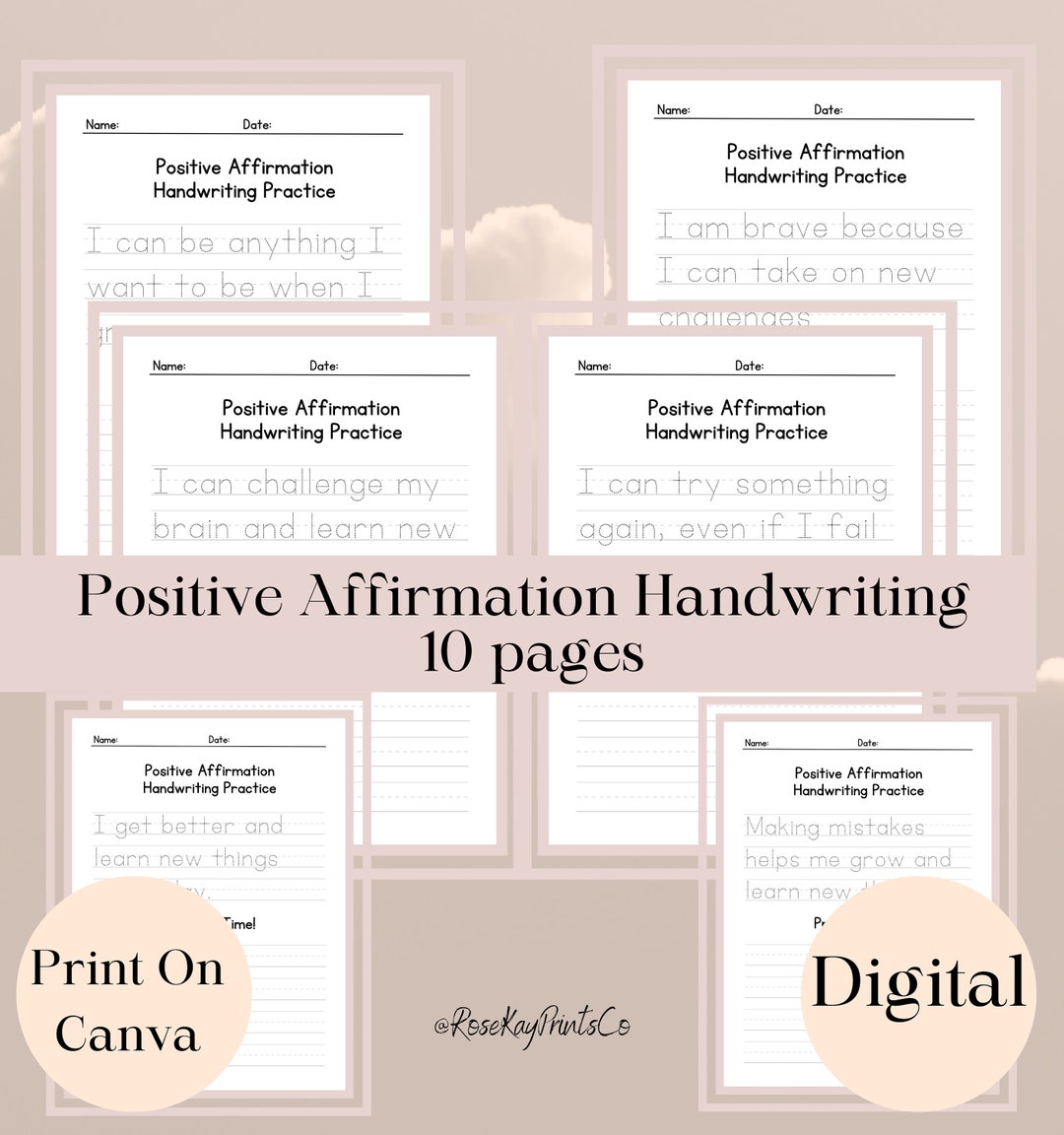 Positive Affirmation Handwriting 10 Pages Kids Adult - Etsy
