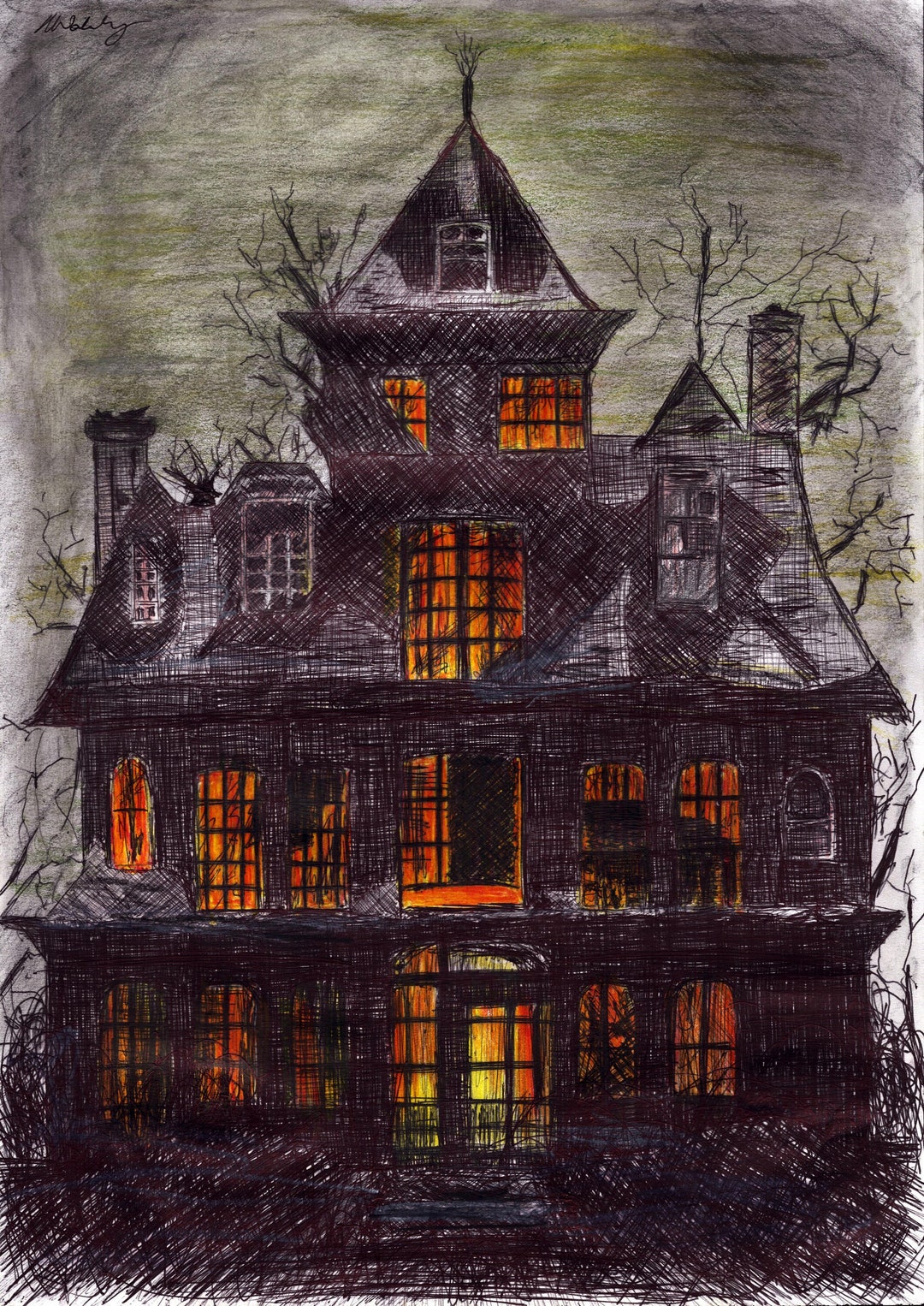 Haunted House Print. Original in Biro and Coloured Pencil. A3 - Etsy