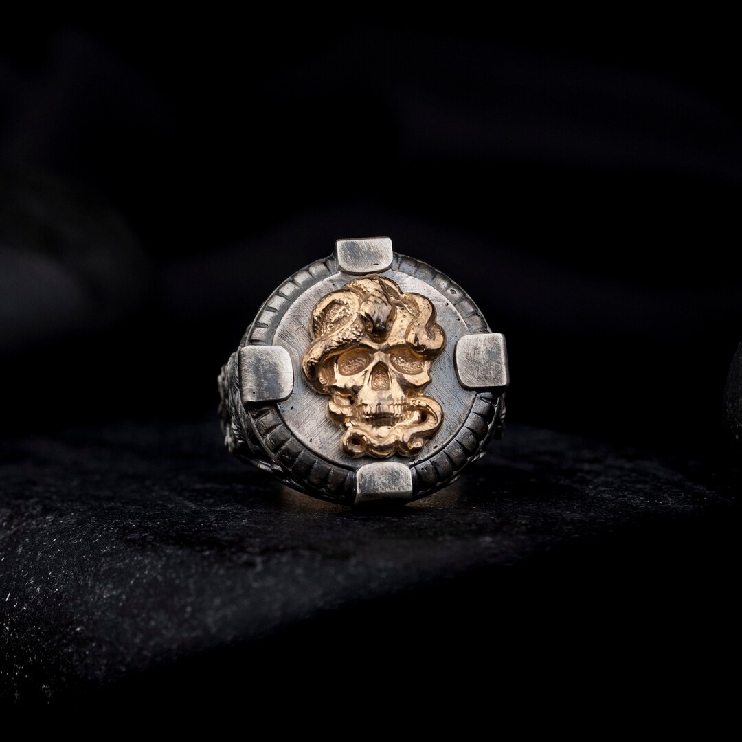Sterling Silver Snake Skull Ring, Oxidized Skeleton Signet - Etsy