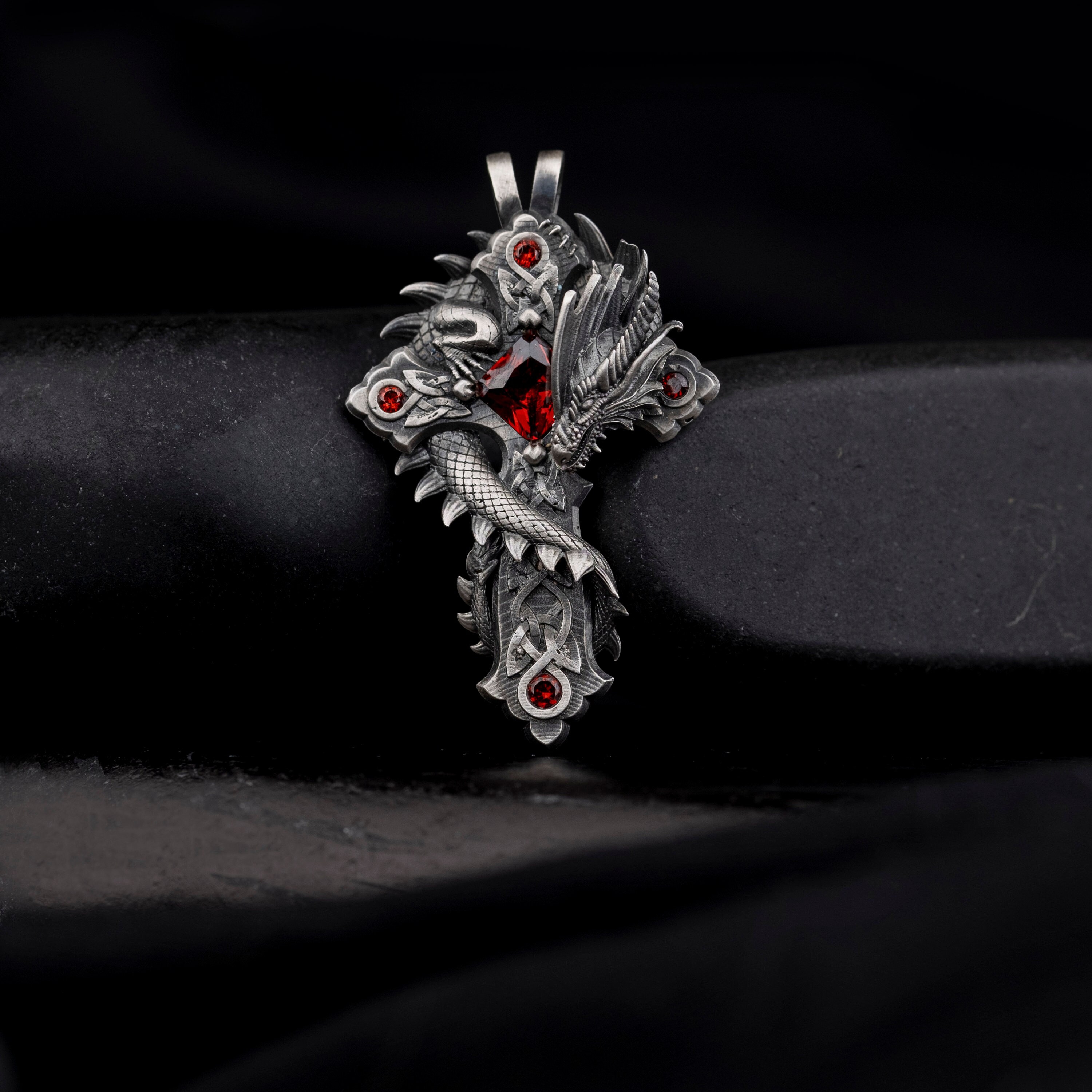 Handmade Dragon & Cross Pendant, Ruby Necklace, 925 Sterling Silver, Religious Accessory ...