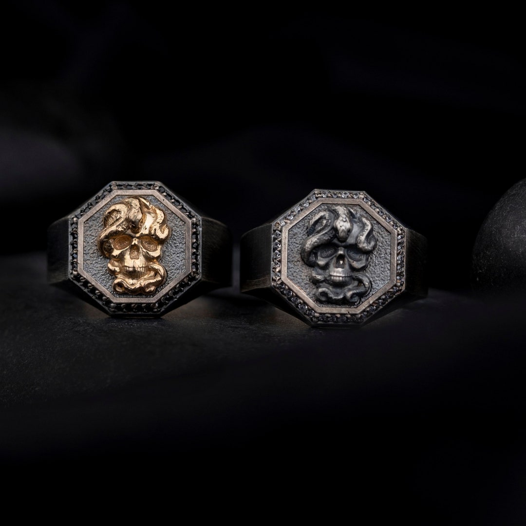 Skull & Snake Ring, Signet Skeleton Ring, 925K Sterling Silver Black ...