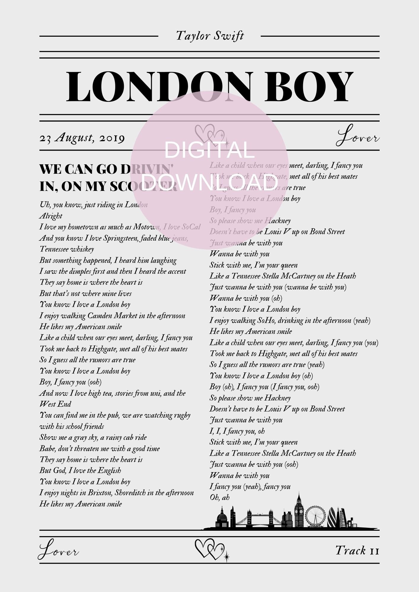 London Boy Taylor Swift Newspaper Print, Swiftie London Boy Poster ...