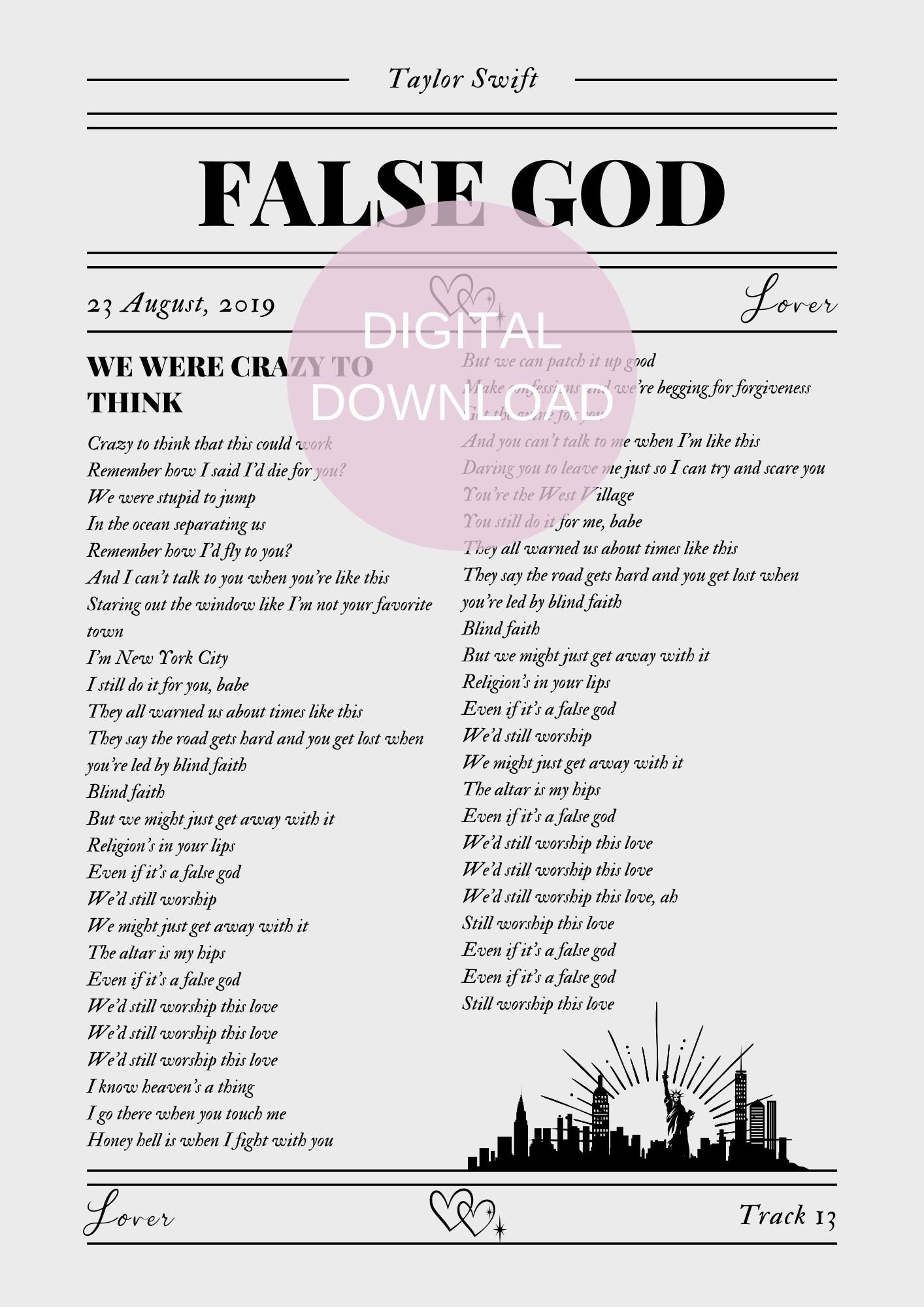 False God Taylor Swift Newspaper Print, Swiftie False God Poster ...