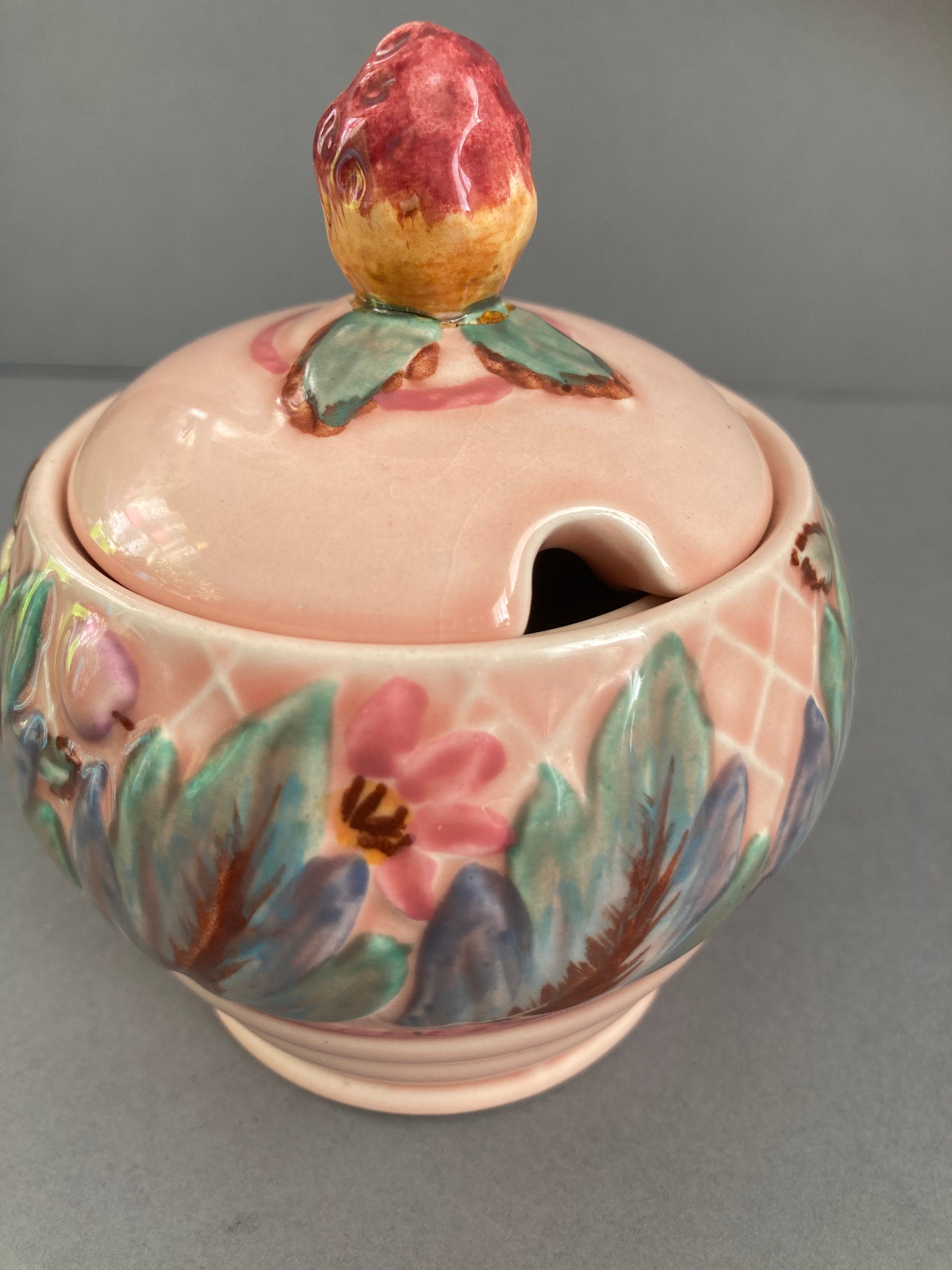 Clarice Cliff Preserve Pot, Pottery Lidded Jar, Leaf and Berry Pink ...
