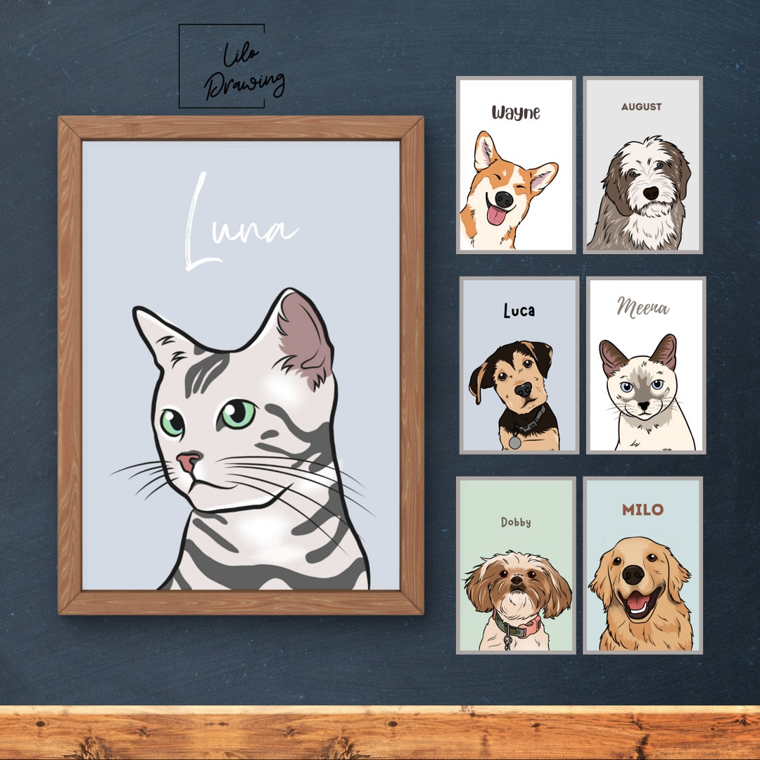 Custom Cat Portrait Personalised Pet Illustrations Cartoon Draw Cat ...