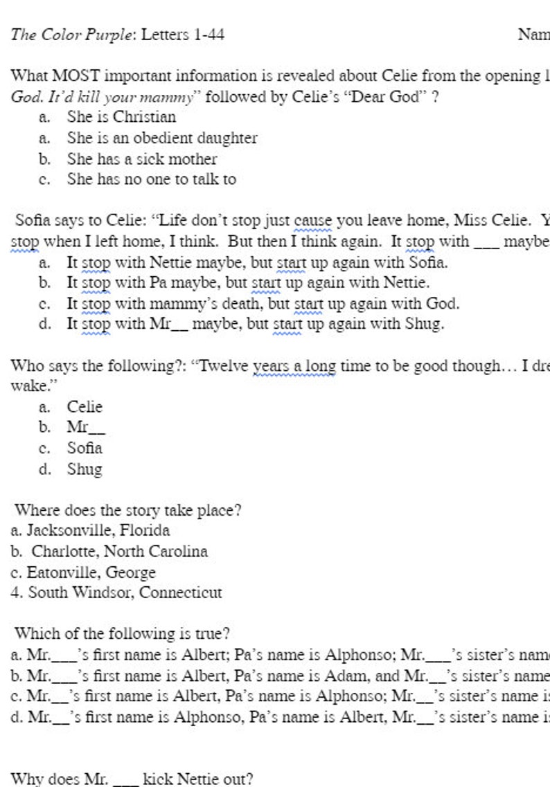 The Color Purple Unit: Lesson Plans, Questions, Quiz, Slideshows ...