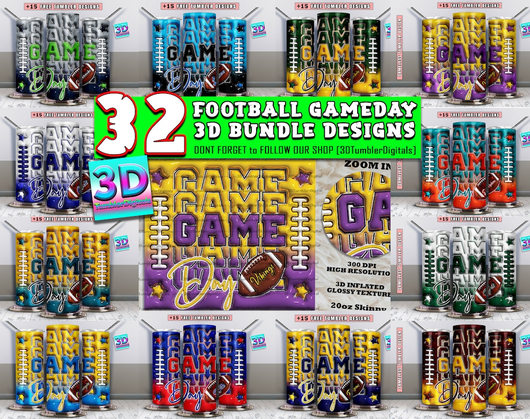 32 Football Game Day Tumbler Wrap Design, 3D Inflated Football Tumbler ...
