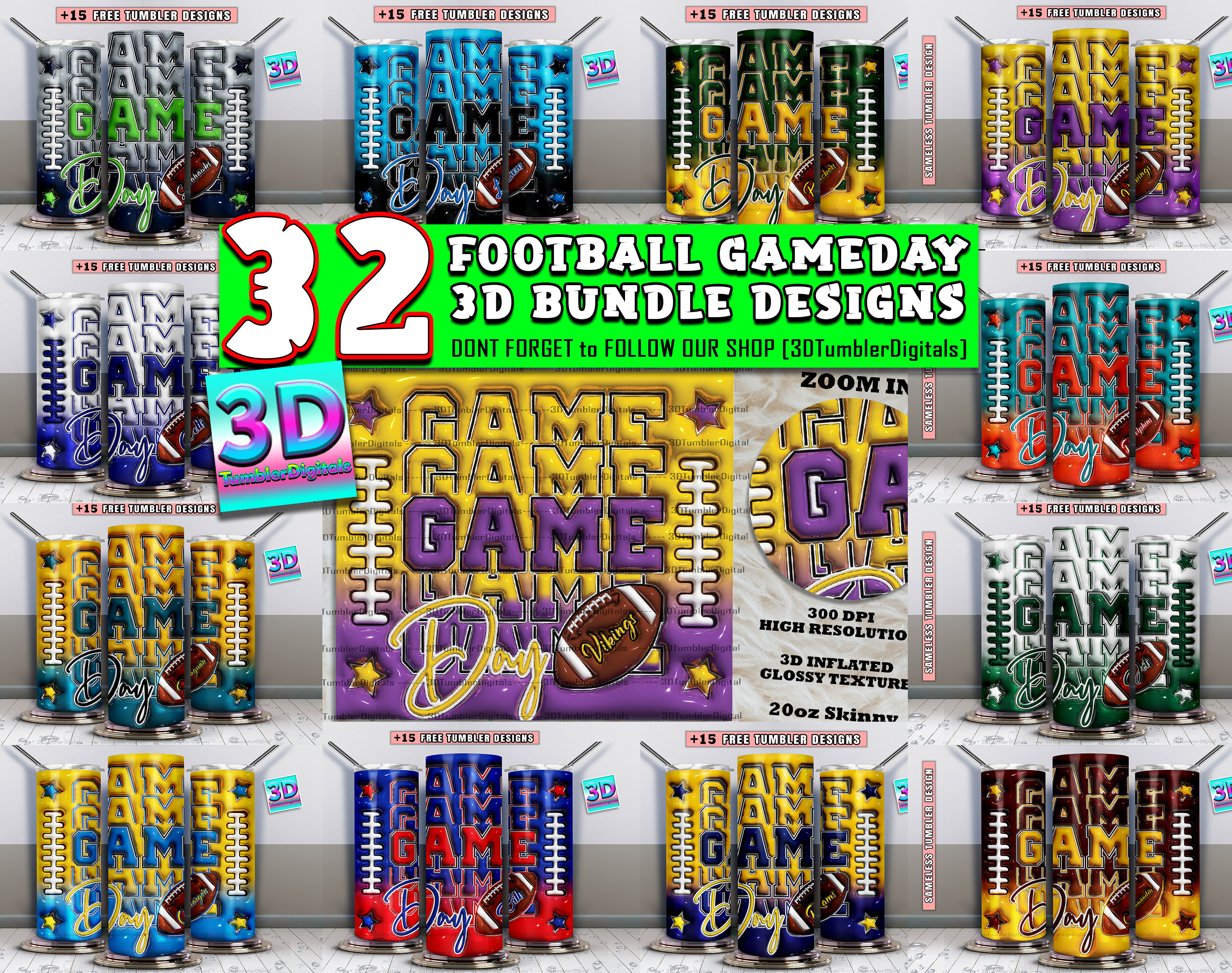 32 Football Game Day Tumbler Wrap Design, 3D Inflated Football Tumbler ...