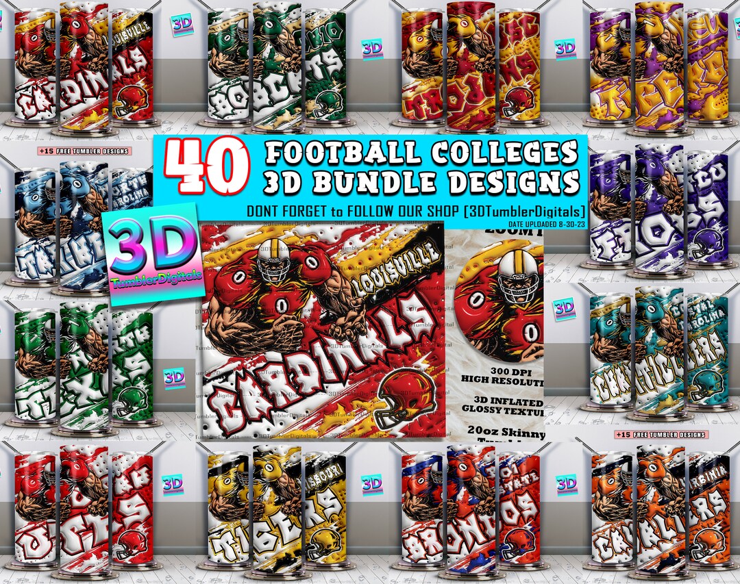40 Football College Tumbler Wrap Design, 3D Inflated Football Tumbler ...