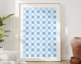 Checkered Wall Art, Blue Checkered Art Print, Retro Funky Poster, Blue ...