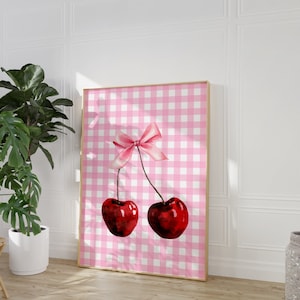 Cherry Print Pink Checkered Wall Art Cherries Printable Wall Art Pink ...