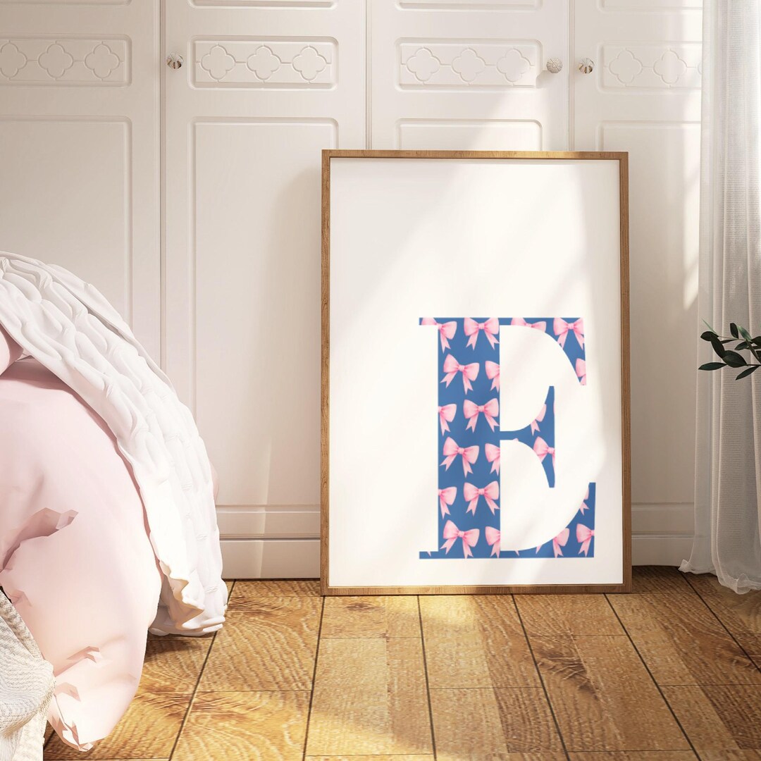 Letter E Poster, Pink Bow Print, Preppy Wall Art, Blue E Initial Print ...