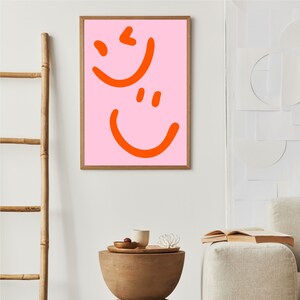 Pink Smiley Face Poster, Pink Orange Preppy Prints, Fun Smileys Wall ...
