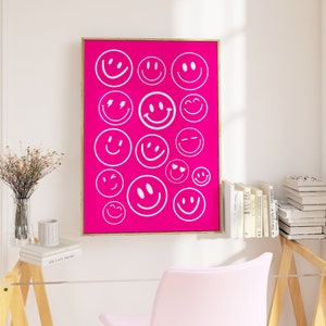 Pink Smiley Face Poster, Hot Pink Preppy Prints, Fun Smileys Wall Art ...