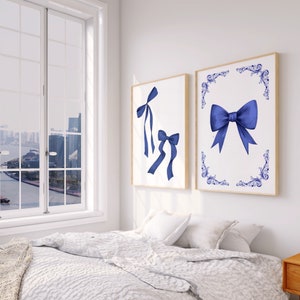Navy Blue Bow Print Retro Coquette Room Decor Blue Teen Room Decor ...