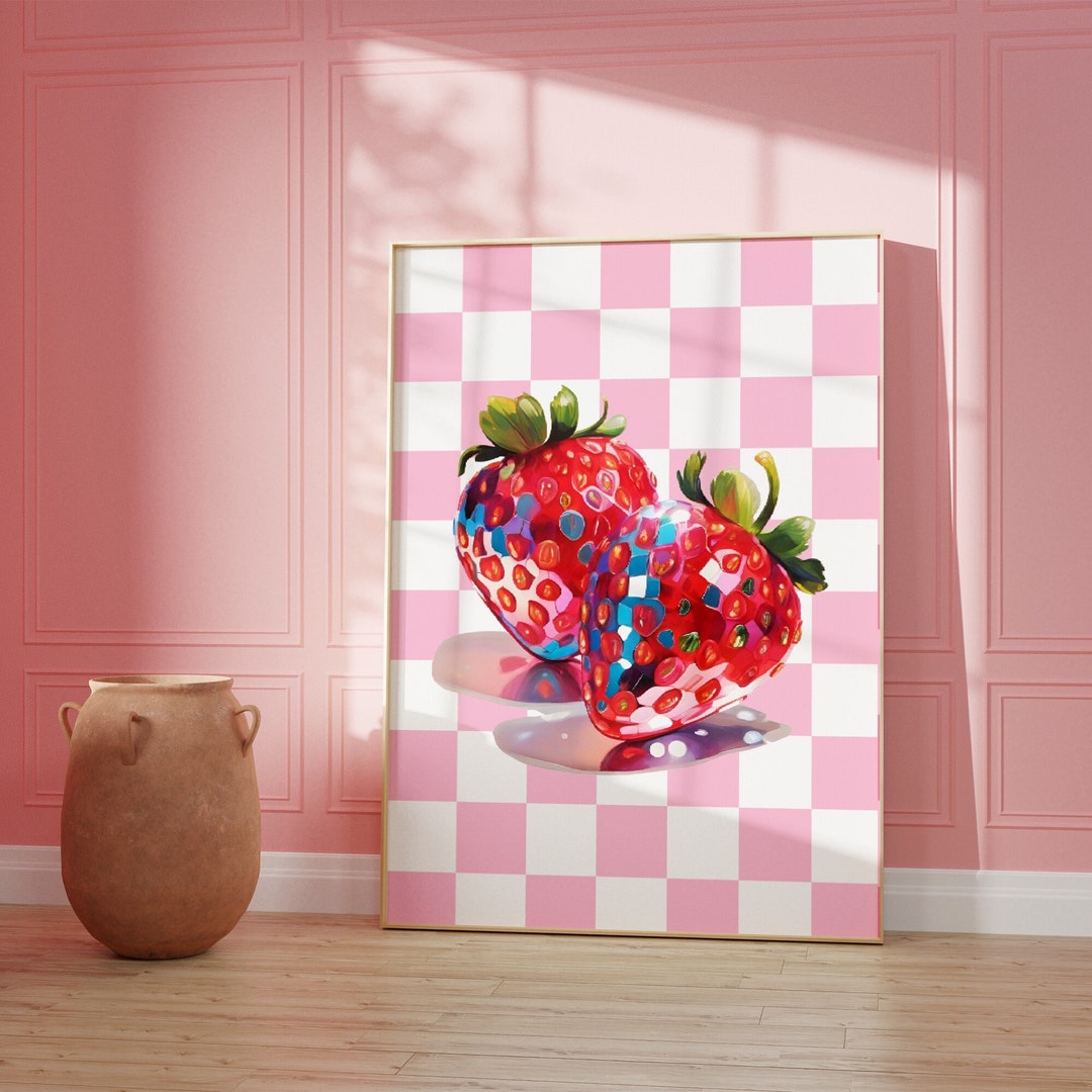 Strawberry Print, Checkered Wall Art, Pink Checker Art Print, Pink ...