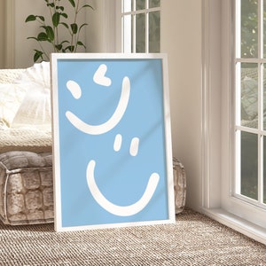 Blue Smile Poster Light Blue Preppy Prints Fun Happy Face Wall Art ...