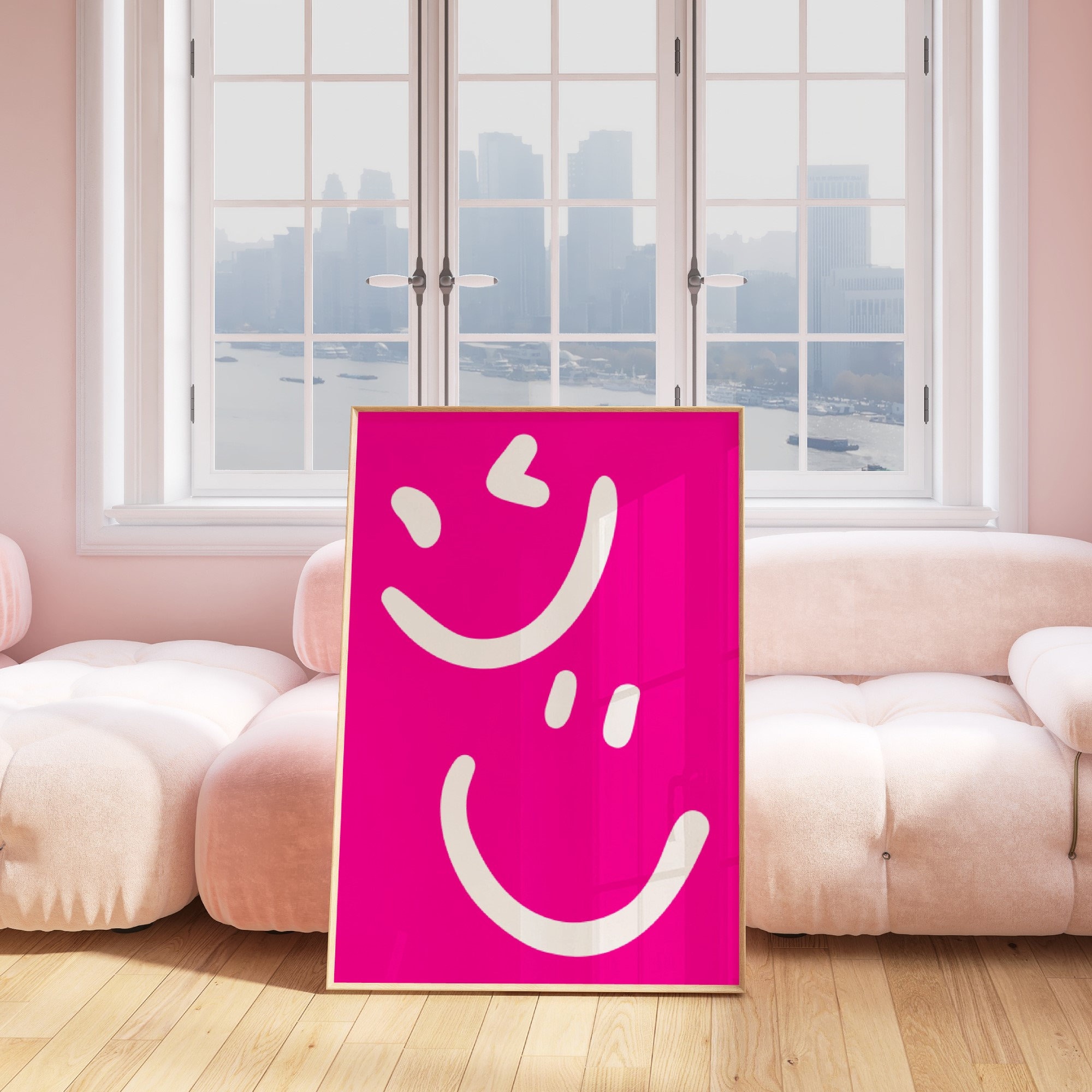 Pink Happy Face Poster, Hot Pink Preppy Prints, Funny Faces Wall Art ...
