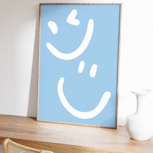 Blue Smile Poster Light Blue Preppy Prints Fun Happy Face Wall Art ...