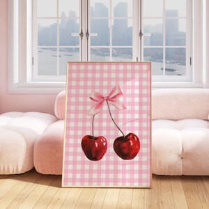 Cherry Print Pink Checkered Wall Art Cherries Printable Wall Art Pink ...