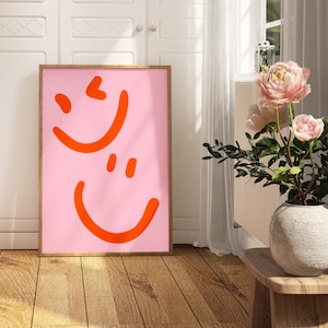 Pink Smiley Face Poster, Pink Orange Preppy Prints, Fun Smileys Wall ...