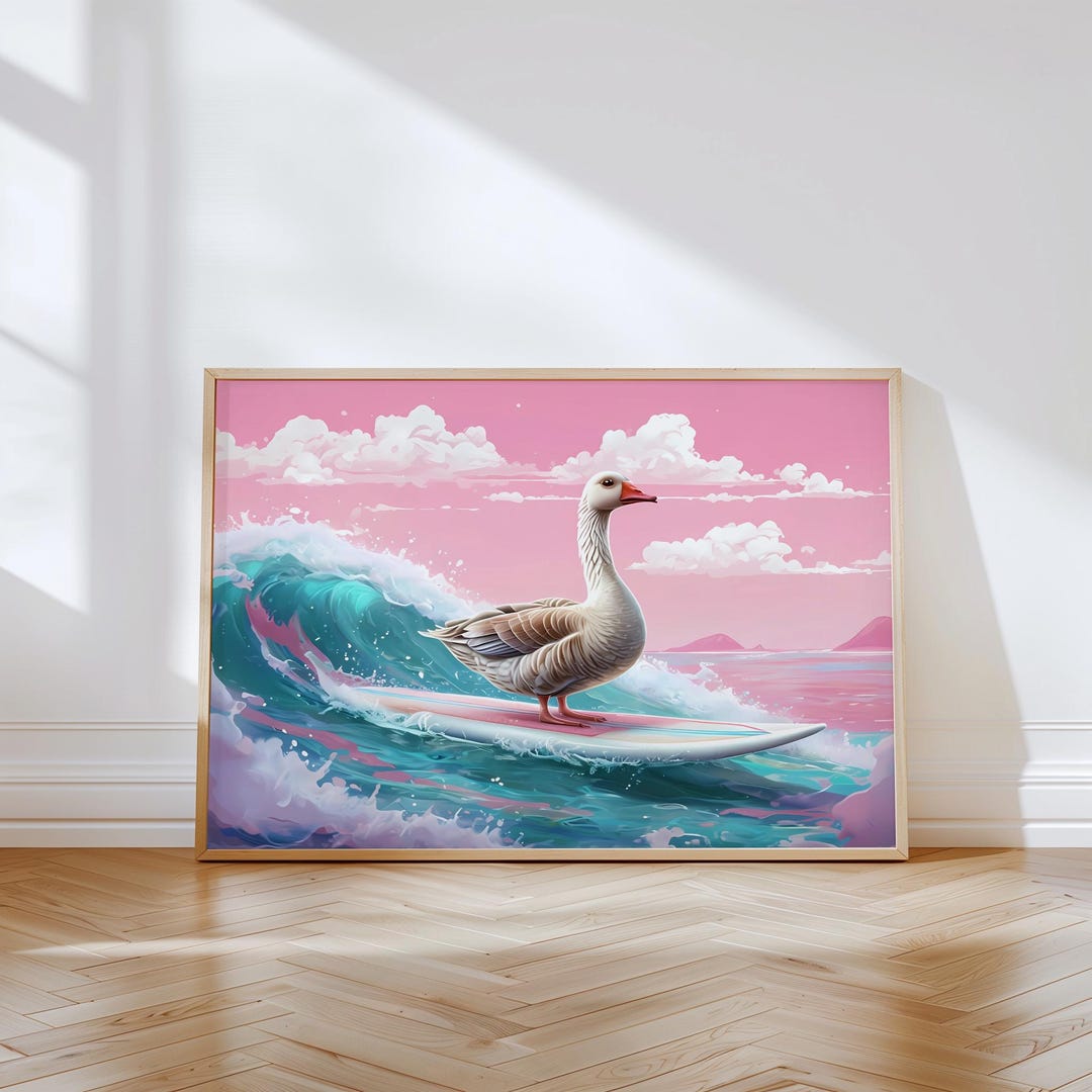 Goose Print Goose Surfing Poster Pink Beachy Decor Surf Lover Gift Fun ...