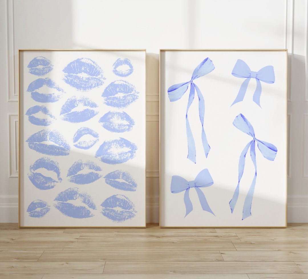 Blue Bow Print, Set of 2 Prints, Kiss Lips Print, Baby Blue Bows Wall ...