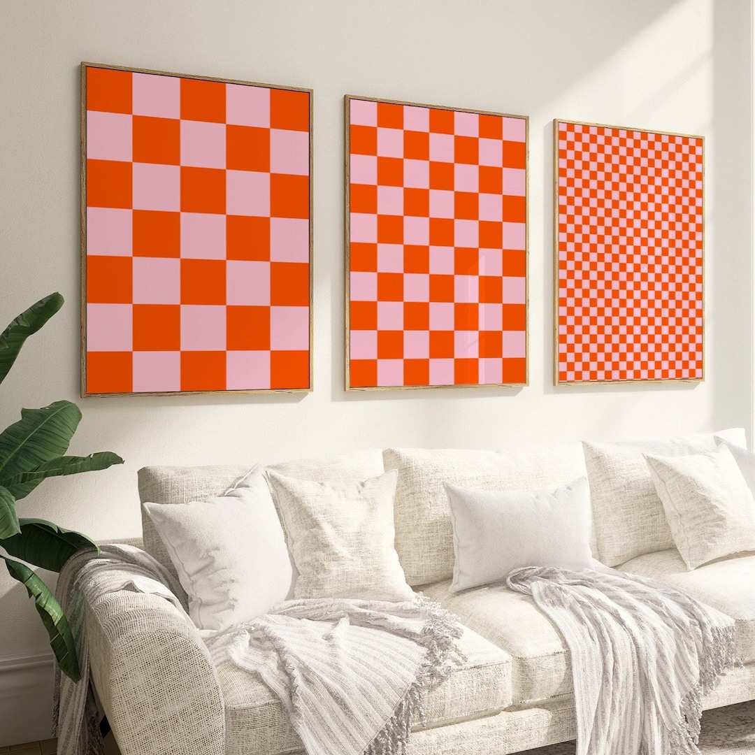 Checkered Wall Art, Set of 3 Prints, Pink Checker Art Print, Pink ...