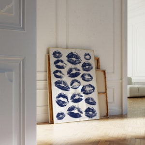 Kiss Lips Wall Art, Navy Blue Lips Print, Trendy Digital Prints, Preppy ...
