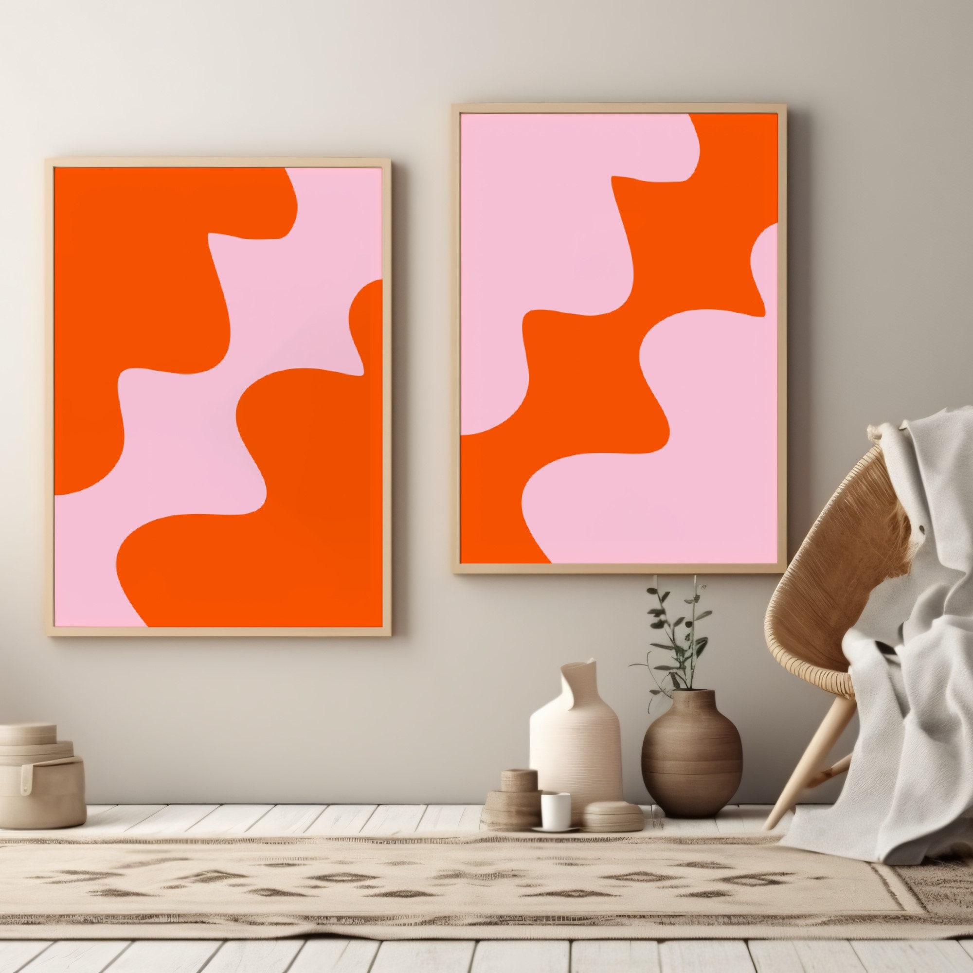 Pink Orange Abstract Print, Preppy Poster, Set of 2 Prints, Trendy Pink ...
