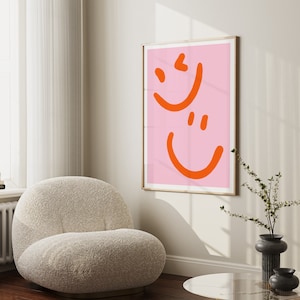 Pink Smiley Face Poster, Pink Orange Preppy Prints, Fun Smileys Wall ...