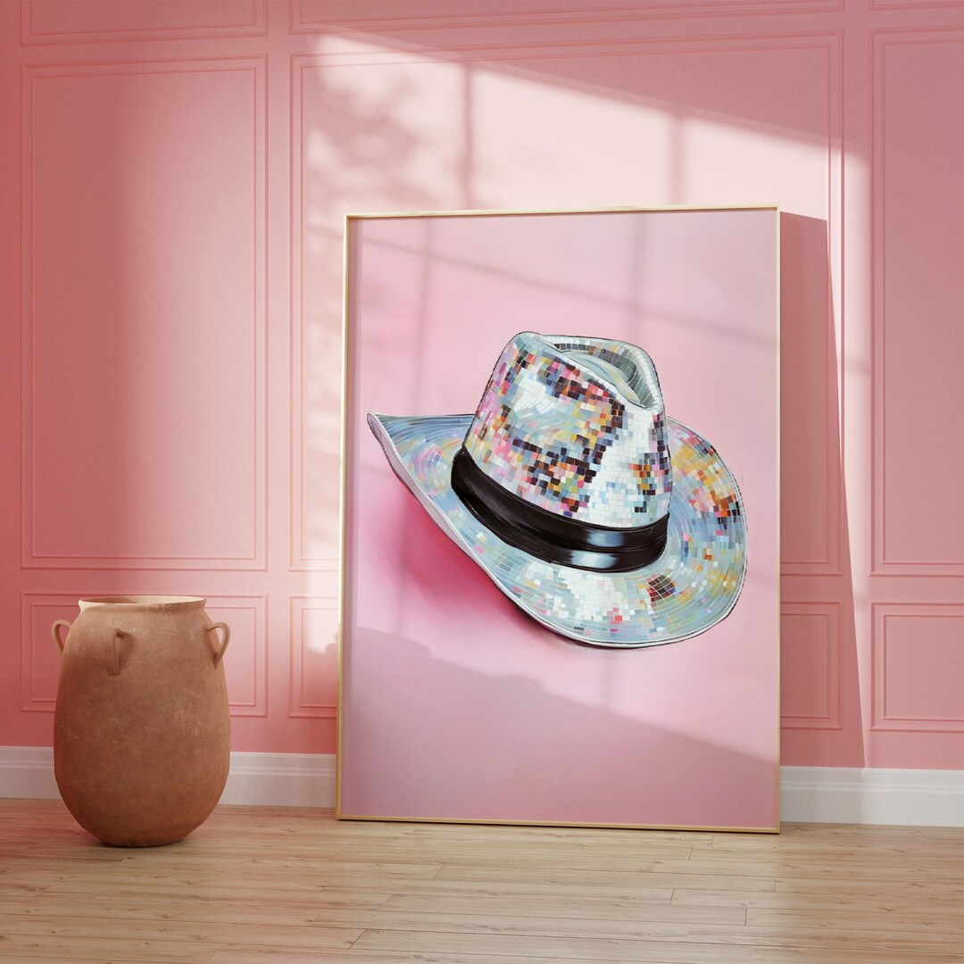 Disco Cowgirl Hat Print, Disco Silver Hat, Retro Pink Preppy Wall Art ...