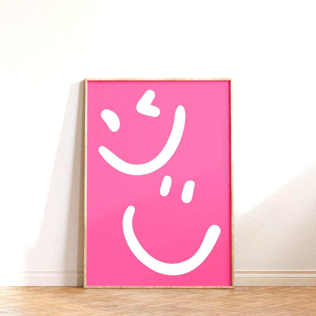 Póster de carita sonriente rosa, impresiones preppy en rosa pastel ...