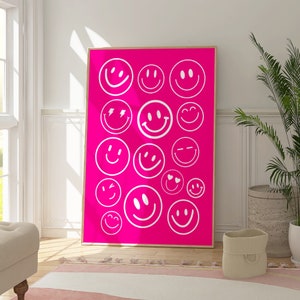 Pink Smiley Face Poster, Hot Pink Preppy Prints, Fun Smileys Wall Art ...