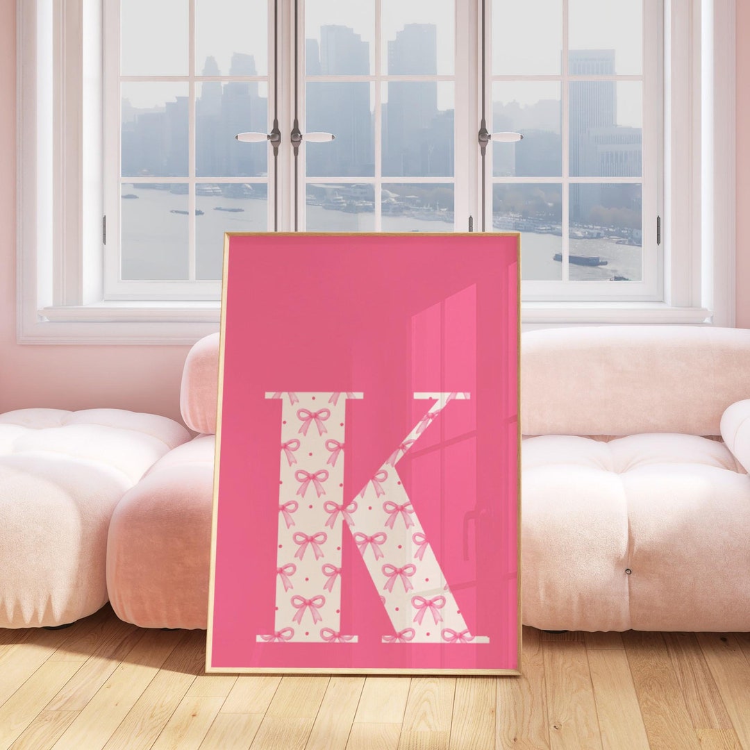 Letter K Poster, Pink Bow Print, Preppy Wall Art, K Initial Print, Cute ...
