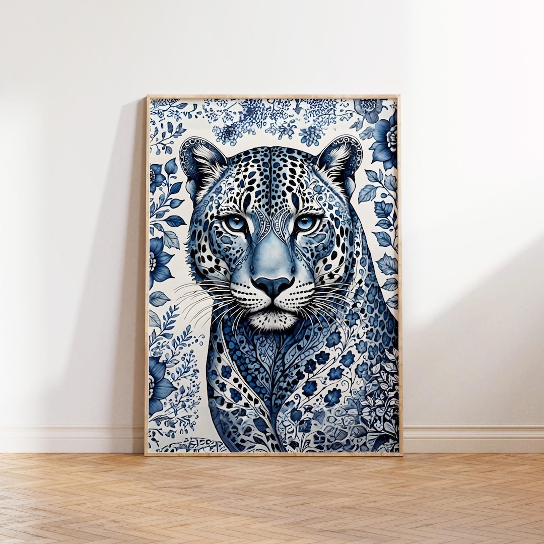 Blue Leopard Wall Art-chinoiserie Poster-trendy Cheetah Print-blue Dorm ...