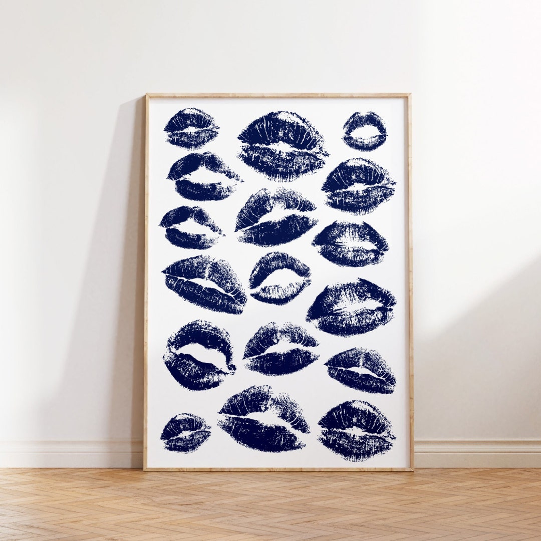 Kiss Lips Wall Art, Navy Blue Lips Print, Trendy Digital Prints, Preppy ...
