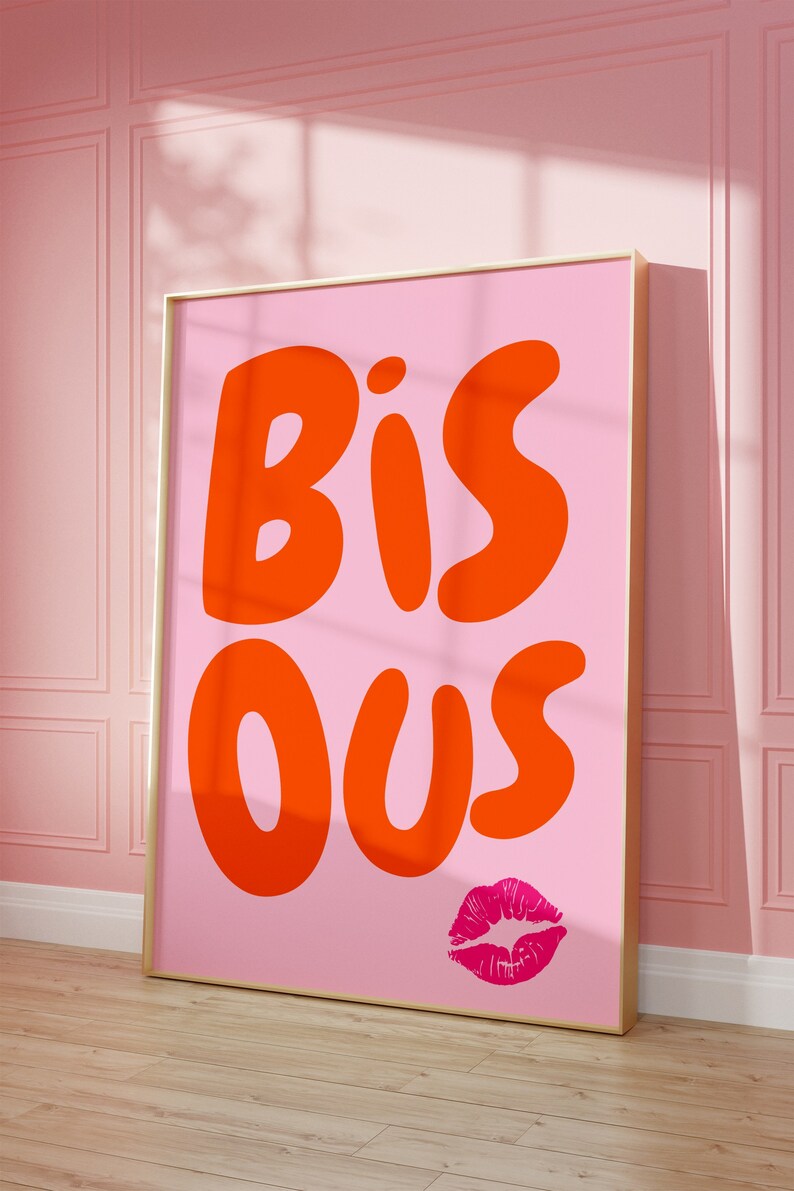 Bisous Print, French Quote Poster, Pink Orange Wall Art, Feminine Wall ...