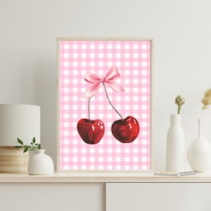 Cherry Print Pink Checkered Wall Art Cherries Printable Wall Art Pink ...