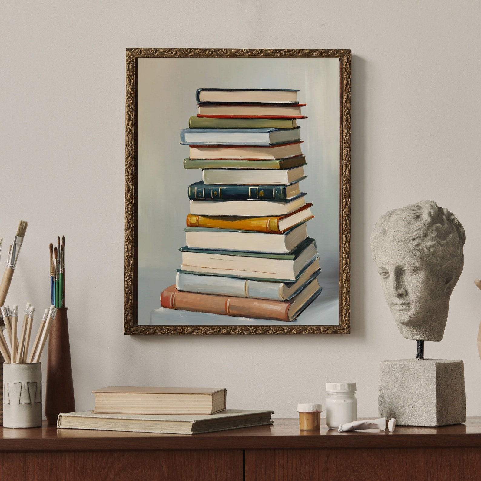 Book Lover Print, Stack of Books Painting, Gift for Book Lover ...