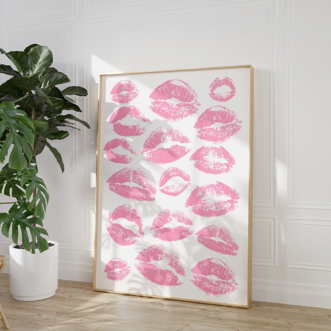 Kiss Lips Wall Art, Pink Lips Print, Trendy Digital Prints, Dorm Poster ...